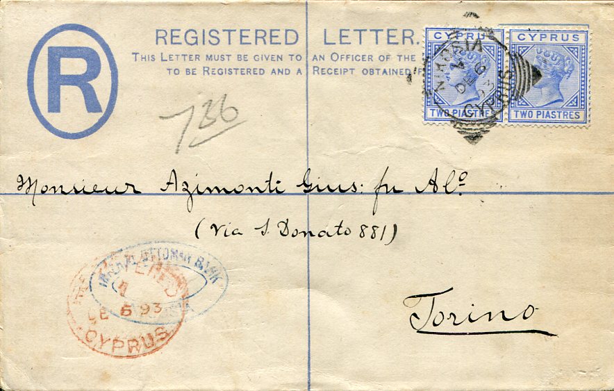 1893 Cyprus Registered Envelope to Torino – BalkanPhila