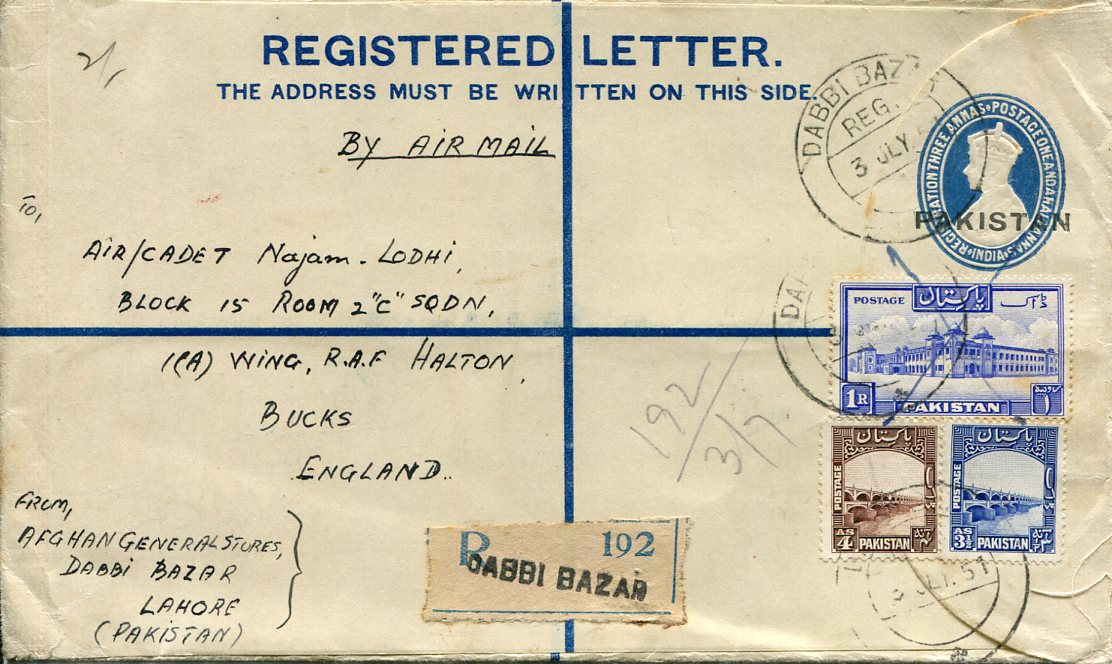 1951 Pakistan Dabbi Bazar Registered Envelope – BalkanPhila
