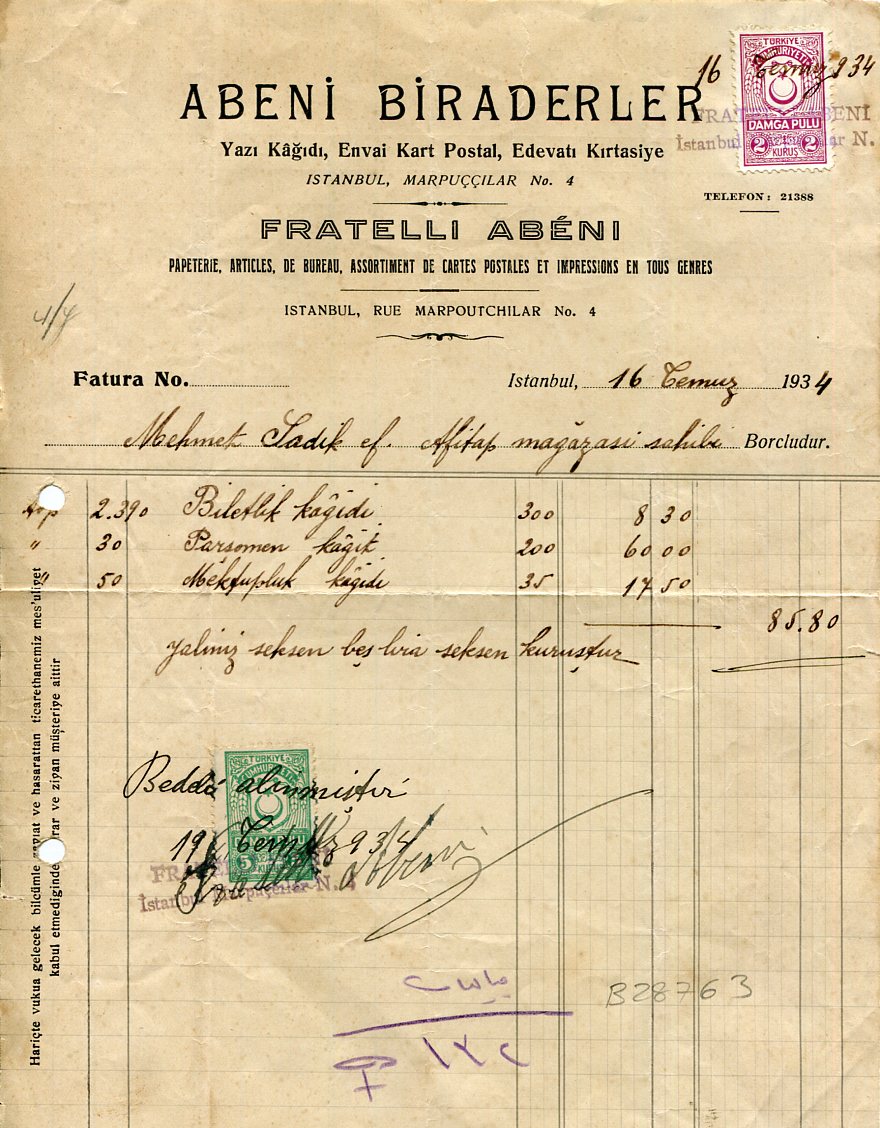 Turkey 1934 Postcard Editor Abeni Invoice – BalkanPhila