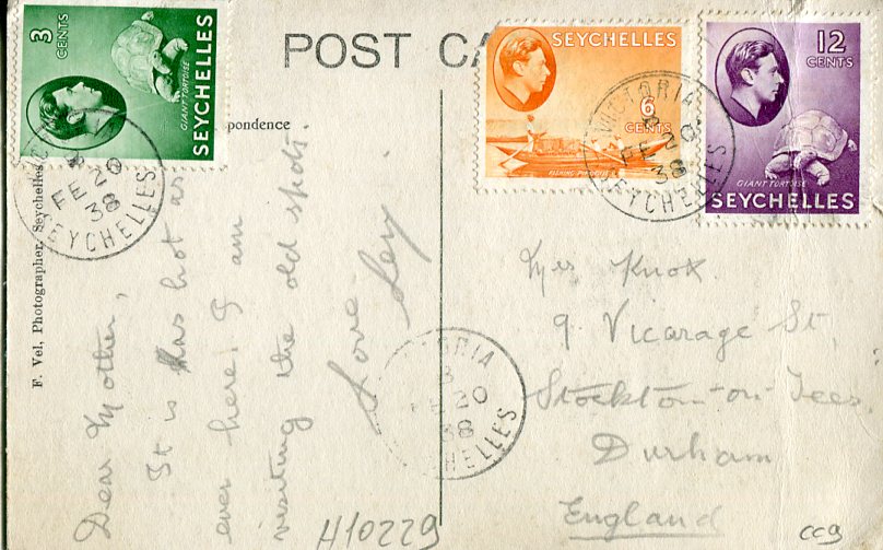 1938 Seychelles Mahe Postcard to Durham photo Vel – BalkanPhila